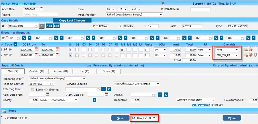 Billing > Override the insurance claim line to bill it to patient or to ...